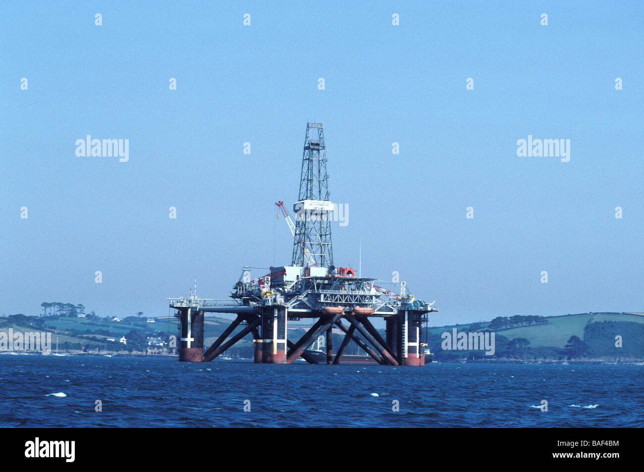 Oil rig anchored in Carrick Road in the Fal estuary July 1990 Stock ...