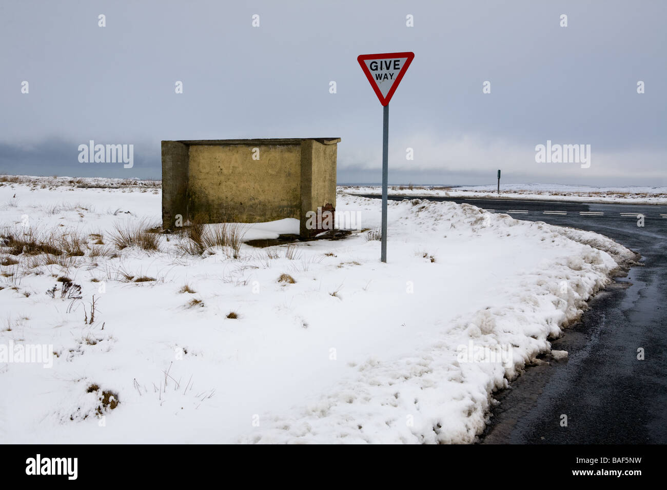Give Way Sign and Bus Stop on Three Howes Rigg North Yorkshire England ...