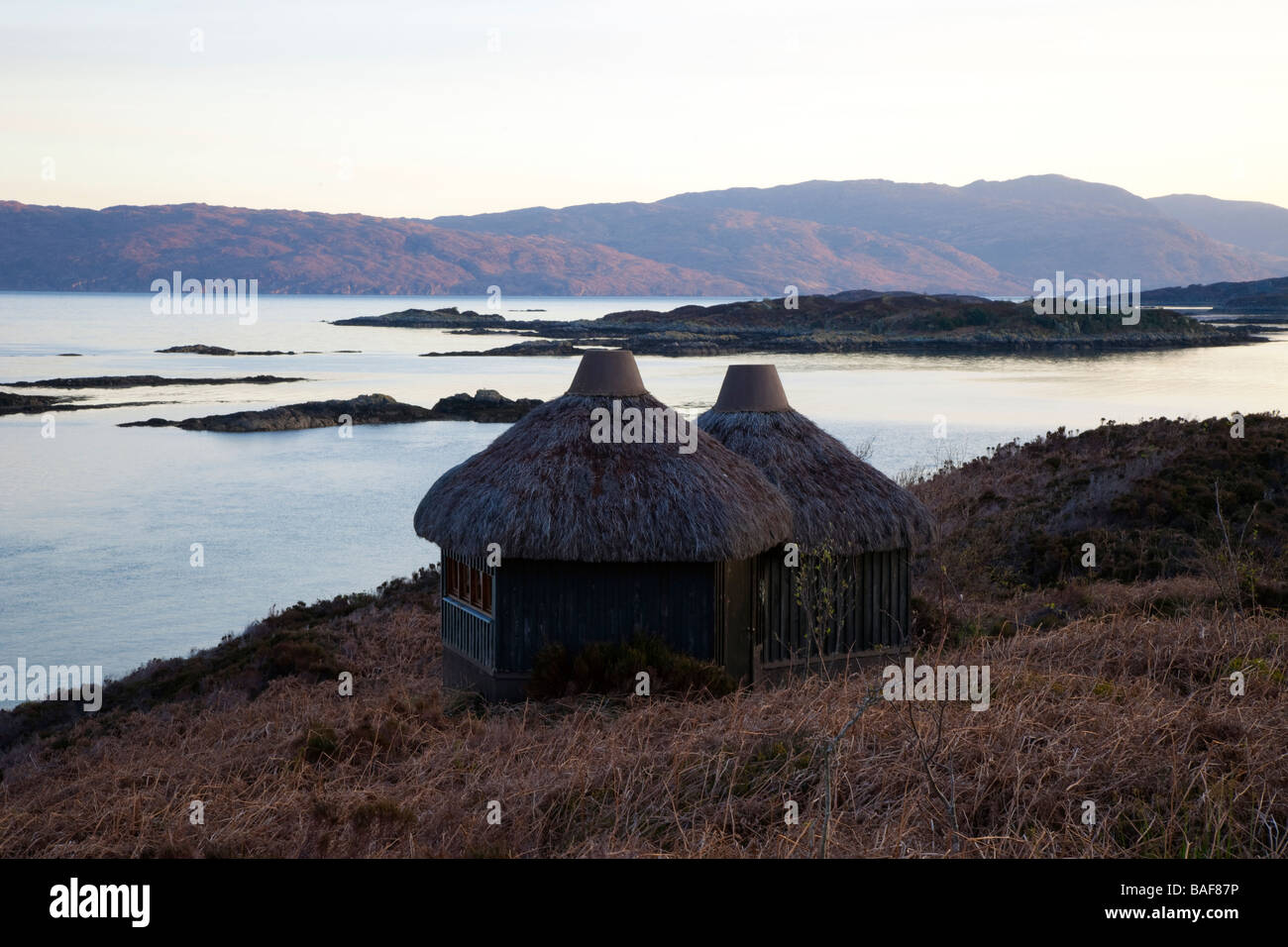Scottish Bird-watchers thatched moorland wooden wildlife observation ...