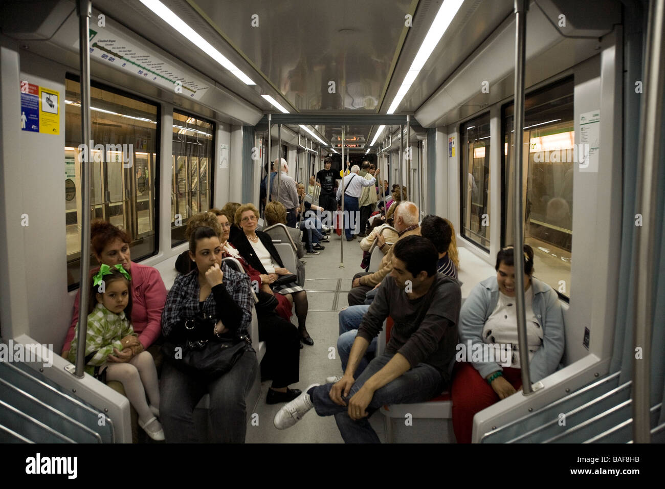 Inside a metro tube train compartment on the Seville metro underground ...