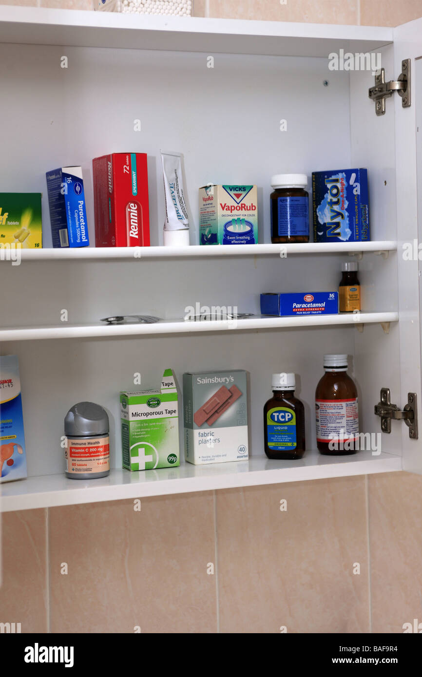 Drugs cabinet on the wall in a bathroom full of the usual pills and ...