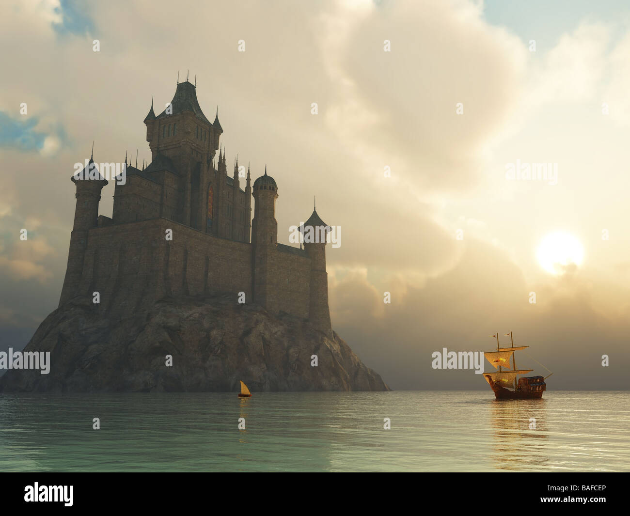 fantasy castle at sea sunset Stock Photo - Alamy