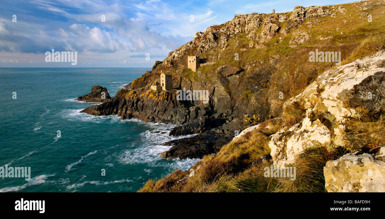 Looking back towards Botallack tin mines from South West Coast Path ...