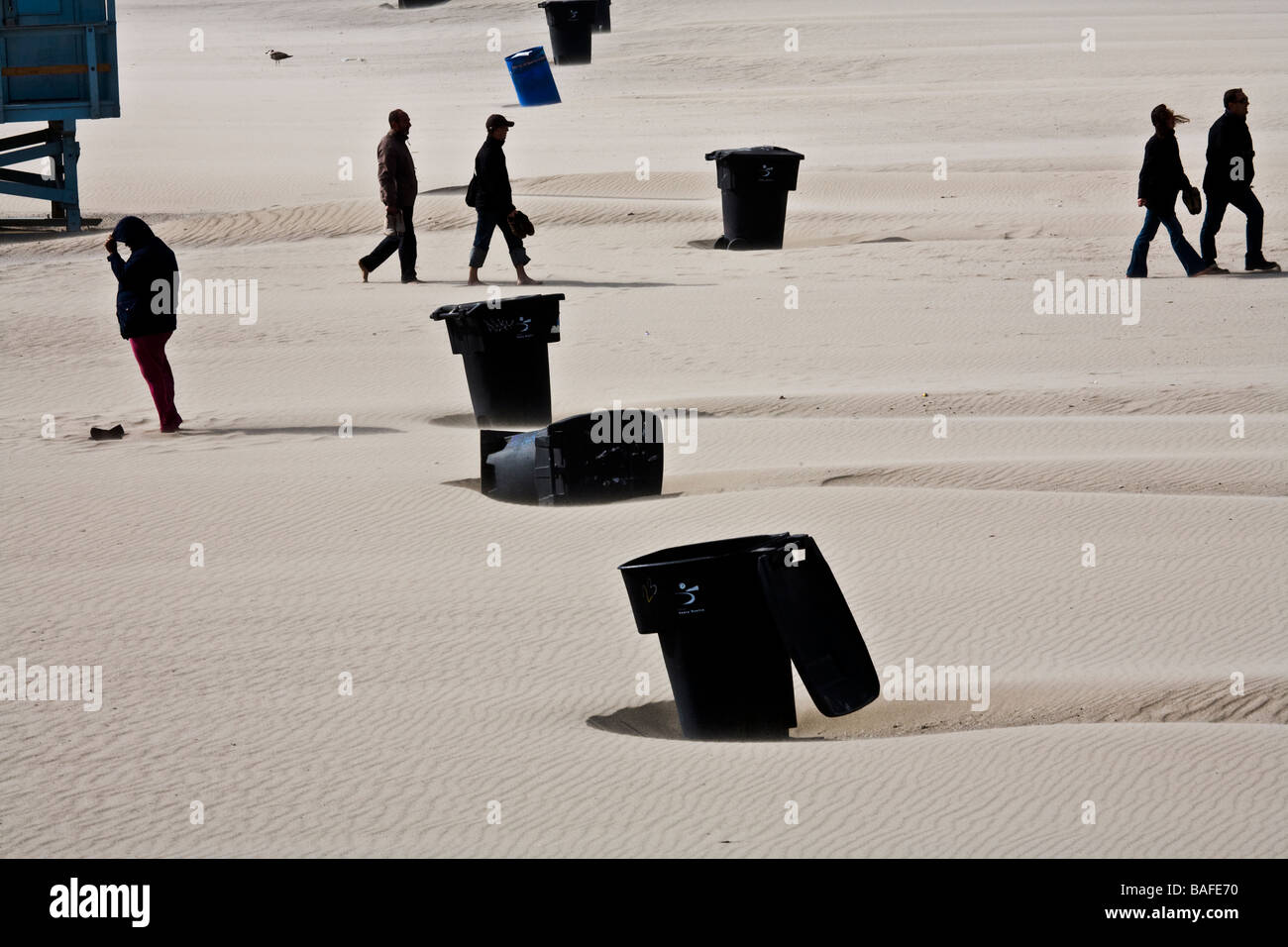 Garbage cans on beach Santa Monica Beach Los Angeles County California ...