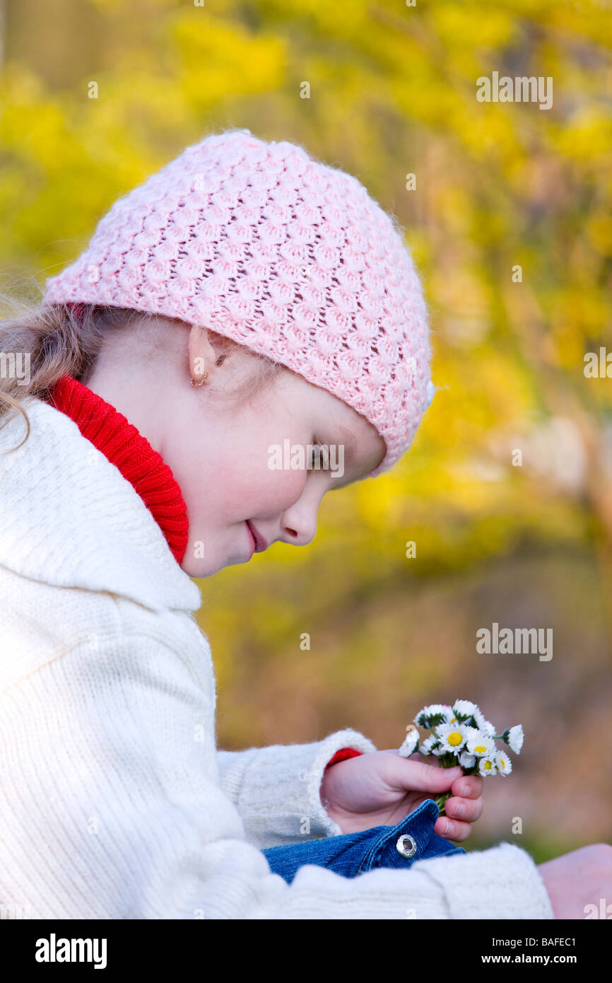 Happy small girl gather gowan flowers near blossoming yellow Forsythia ...