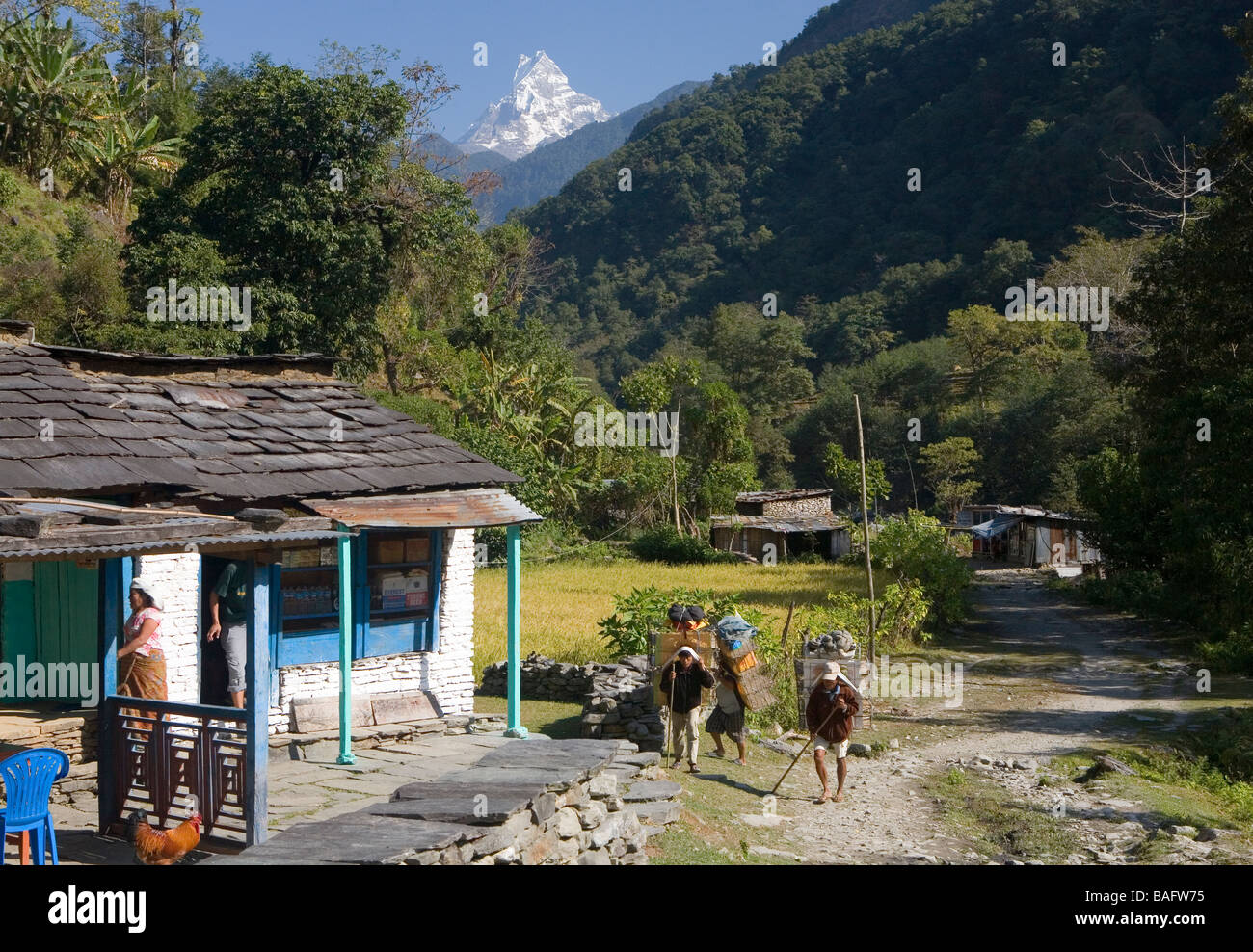 Porters trekking through the village of Shauli Bazaar with ...