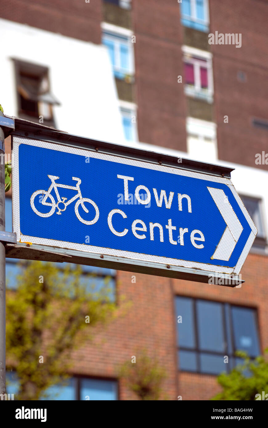 british blue and white cycle route sign indicating town centre Stock ...