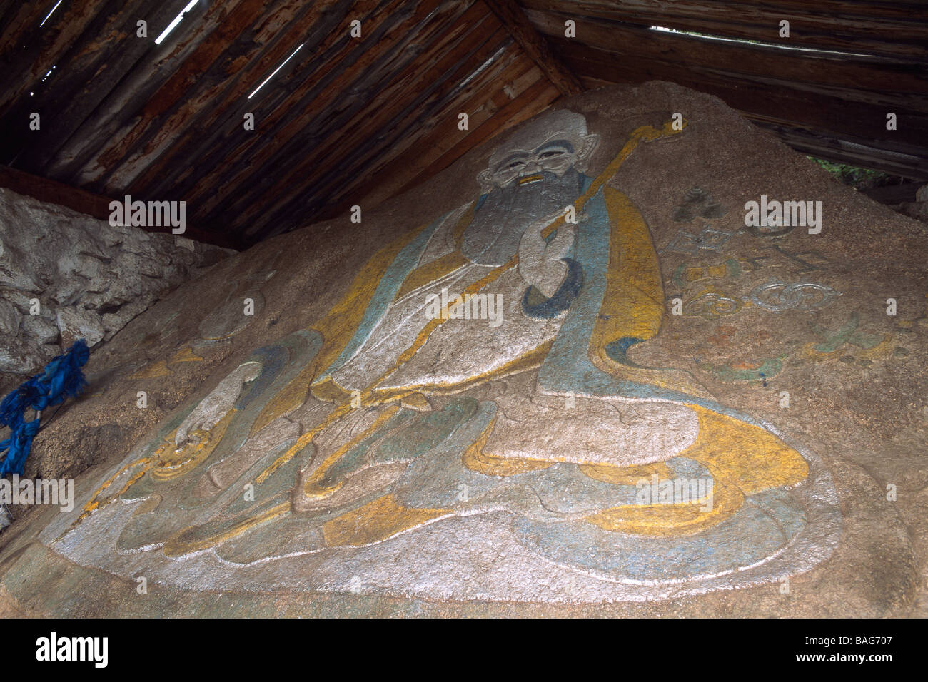 Mongolia, Ulanbaatar, Manzushir Monastery, carved and painted rock ...