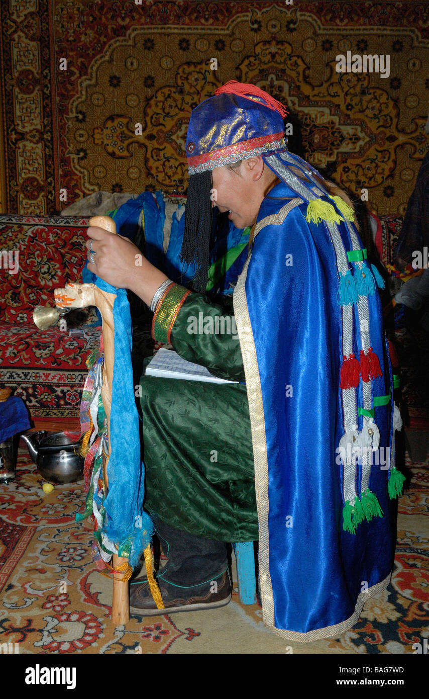 Mongolia, Khovsgol Province, Ulaan Uul, Buriat shaman calling the ...