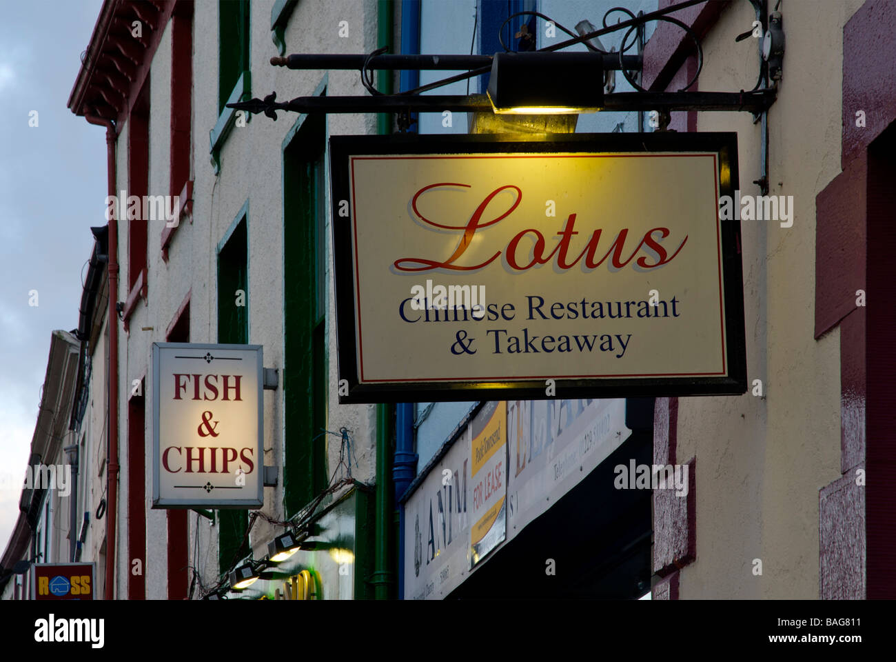 Illuminated signs for fish & chips and Chinese restaurant and takeaway ...