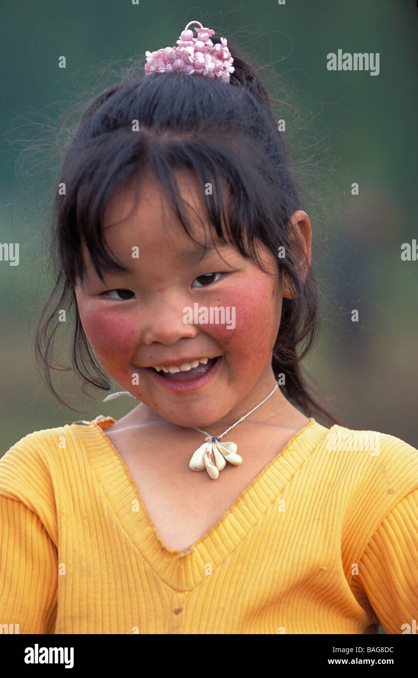 Mongolia, Khovsgol Province, red taiga, portrait of a Tsaatan girl ...