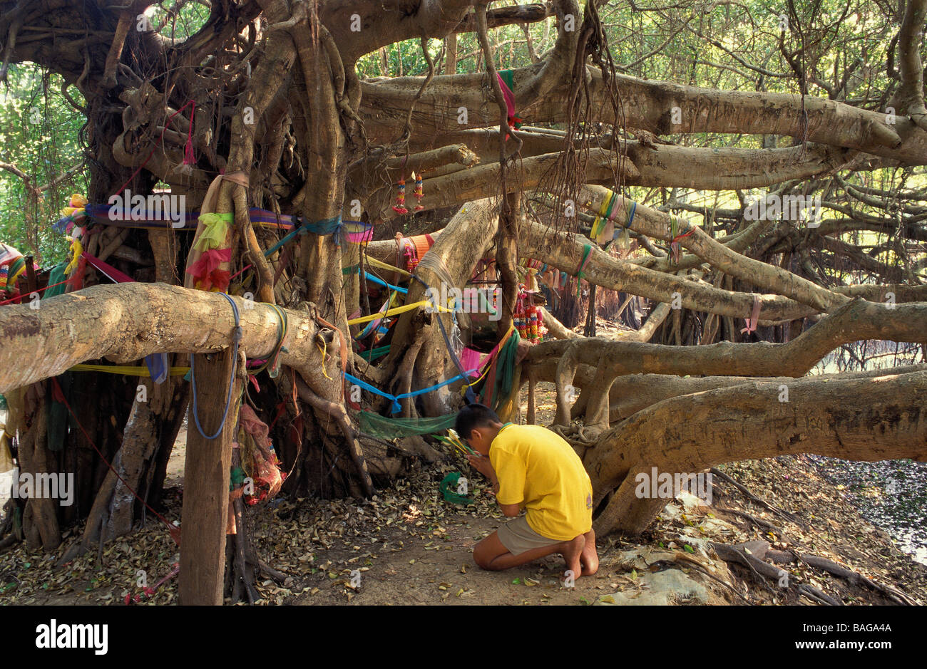 Thailand, Nakhon Ratchasima Province, Phimai, young boy praying in ...