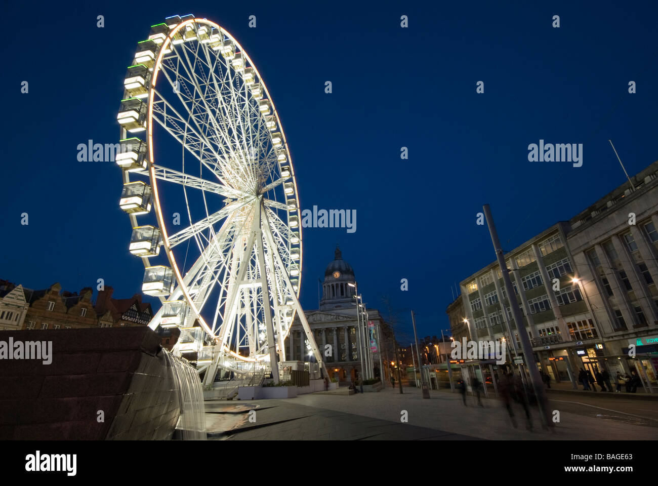 Nottingham city centre, with the Nottingham eye against the night sky ...