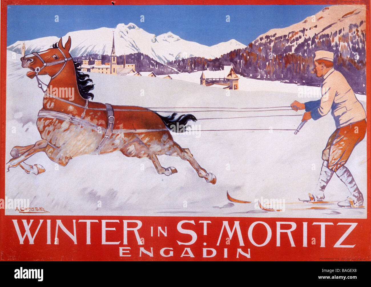Switzerland, Grisons region, Graubuenden canton, St Moritz, old poster ...