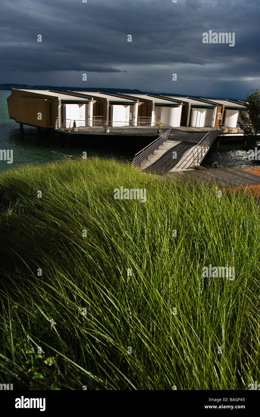 Switzerland, Jura, Neuchatel, Palafitte hotel built on the Lake, by the ...