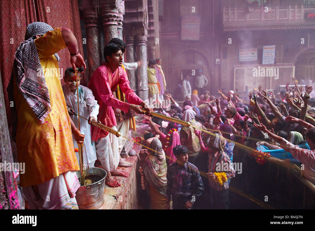 India, Uttar Pradesh, temple dedicated to the God Krishna, Holi ...