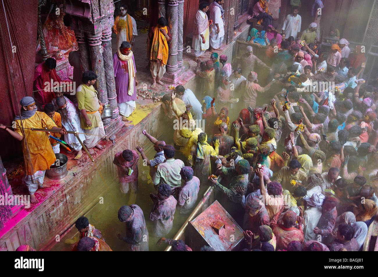 India, Uttar Pradesh, temple dedicated to the God Krishna, Holi ...