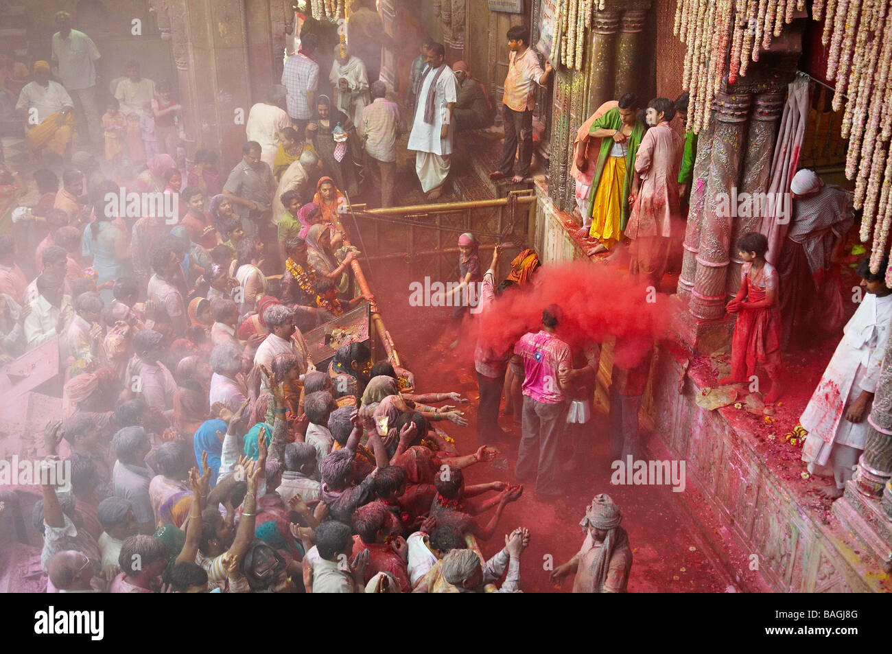 India, Uttar Pradesh, temple dedicated to the God Krishna, Holi ...