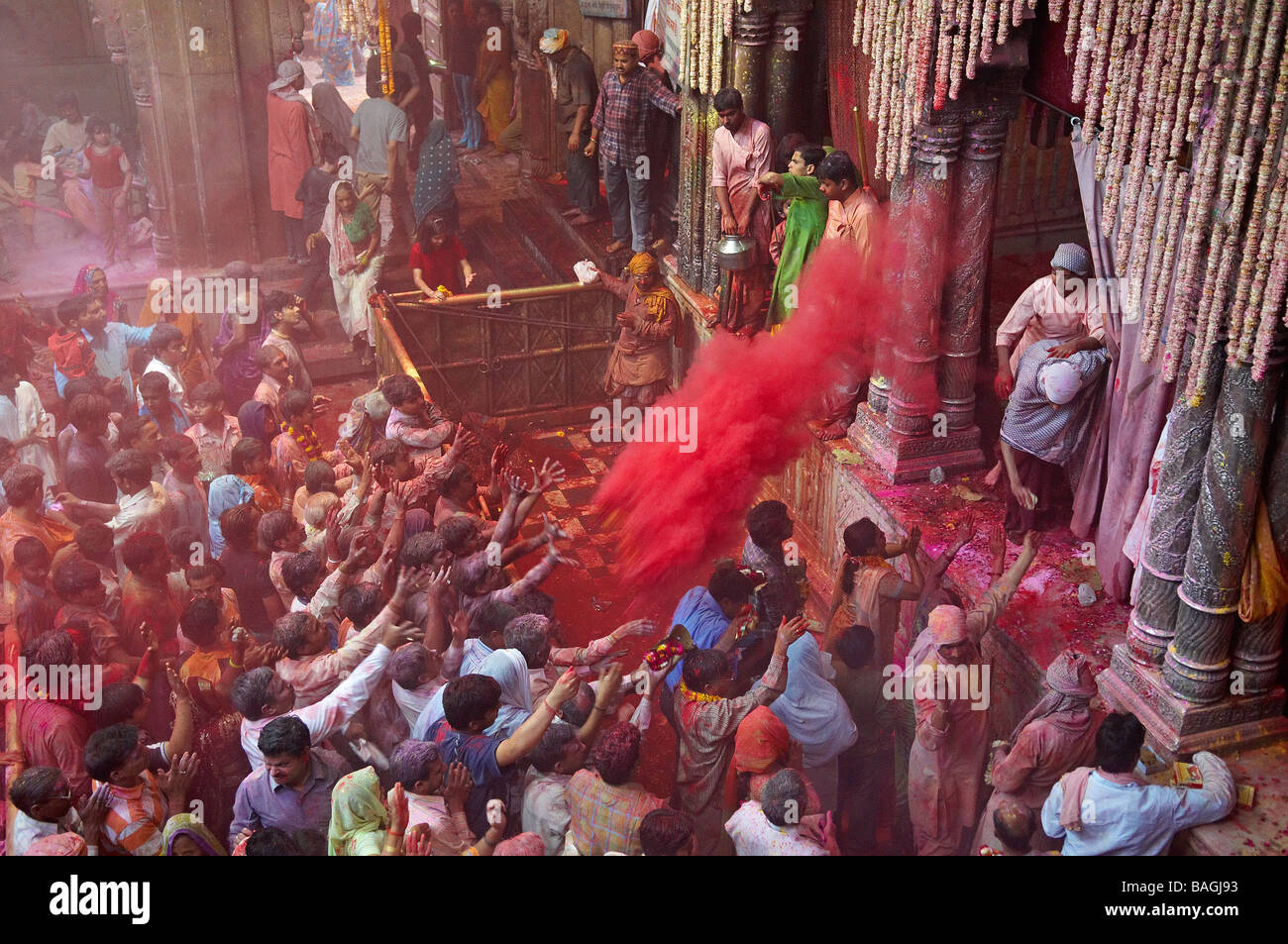 India, Uttar Pradesh, temple dedicated to the God Krishna, Holi ...