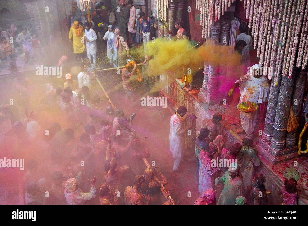 India, Uttar Pradesh, temple dedicated to the God Krishna, Holi ...