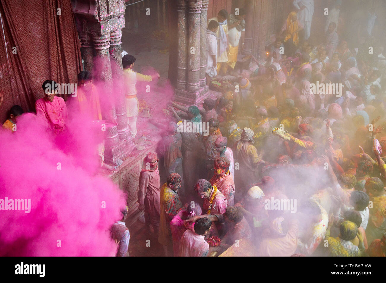 India, Uttar Pradesh, temple dedicated to the God Krishna, Holi ...