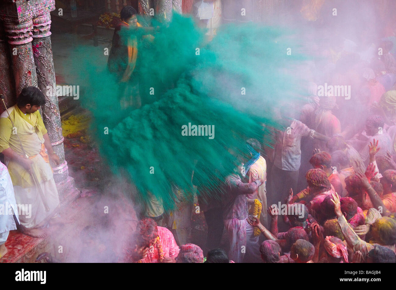 India, Uttar Pradesh, temple dedicated to the God Krishna, Holi ...