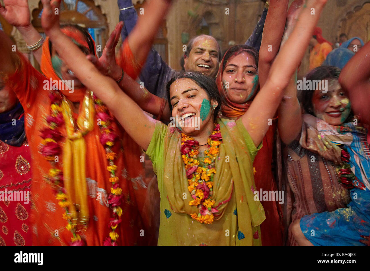 India, Uttar Pradesh, temple dedicated to the God Krishna, Holi ...