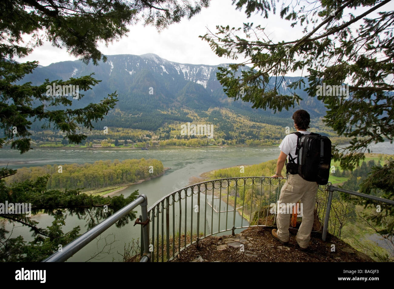Backpacker at overlook on Beacon Rock - Beacon Rock State Park, North ...