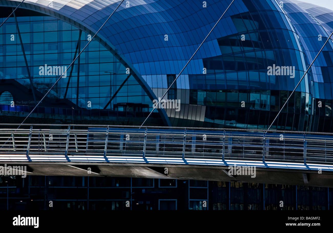 A telephoto shot of the Sage Gateshead and Gateshead Millennium Bridge ...
