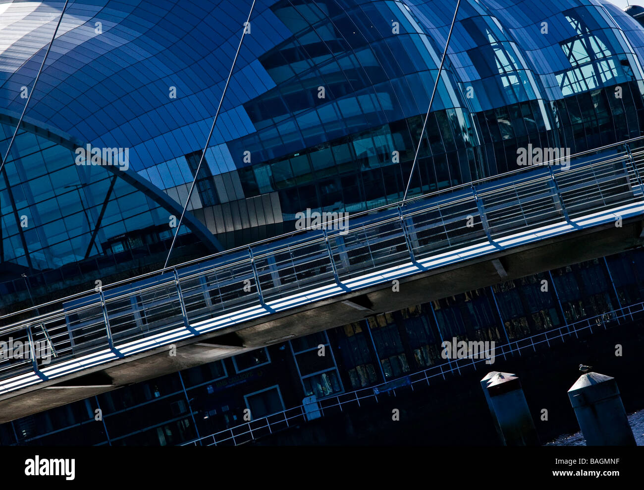 A telephoto shot of the Sage Gateshead and Gateshead Millennium Bridge ...