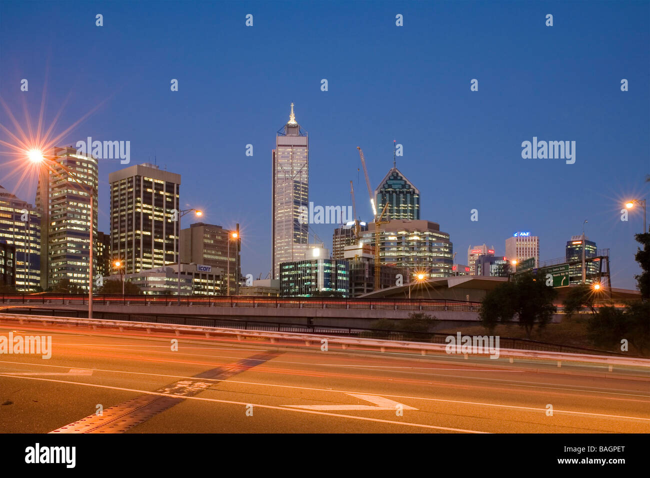 The skyline of Perth, Western Australia. Photographed with light trails ...