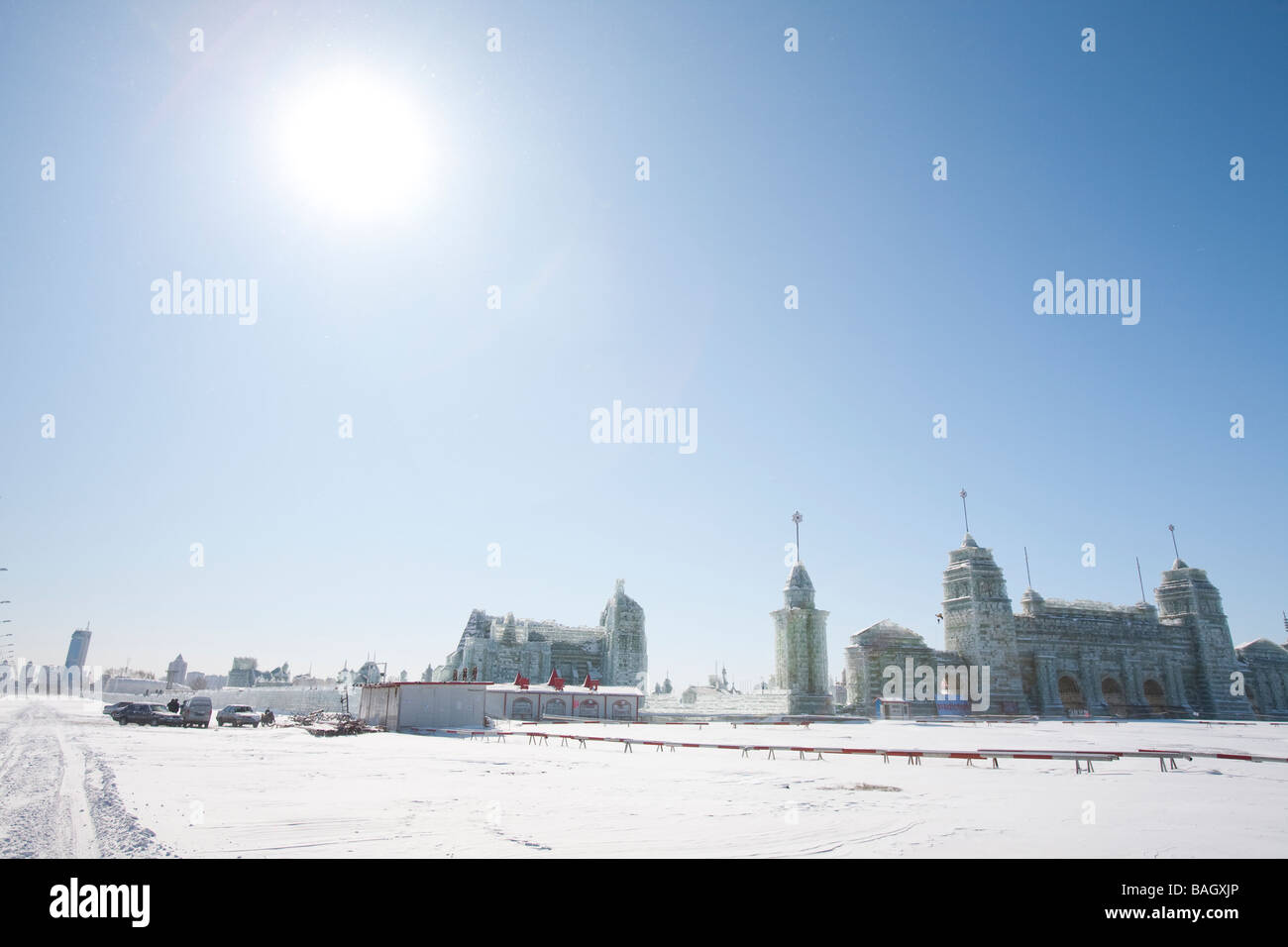 An ice palace built with blocks of ice from the Songhue river in Harbin ...