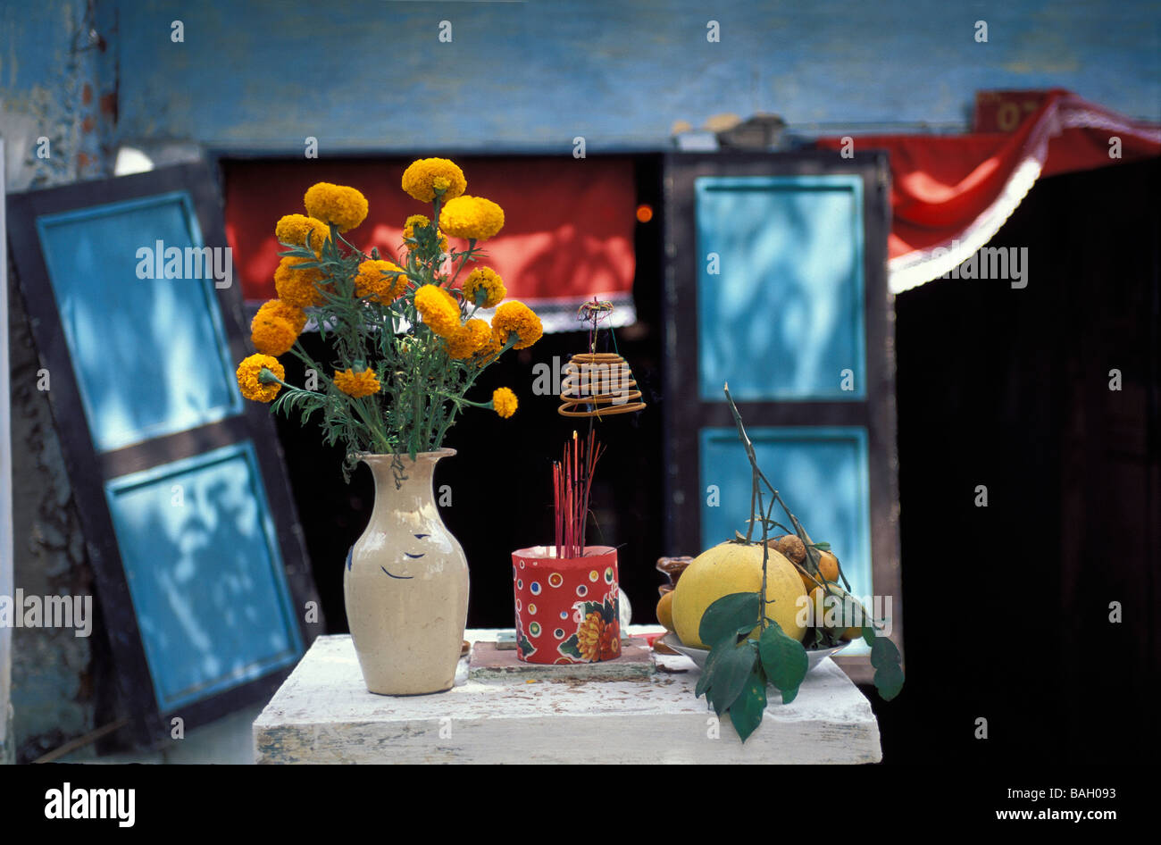 Vietnam, Saigon (Ho Chi Minh City), Tet Festival, family altar adorned ...