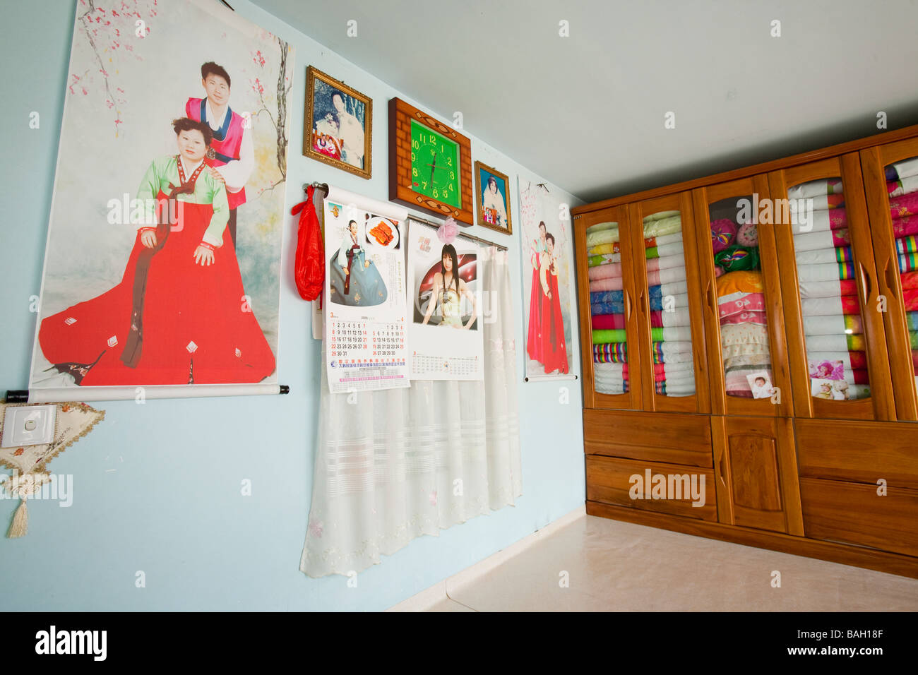 Colourful sheets and bedspreads in a native South Koreans house in ...