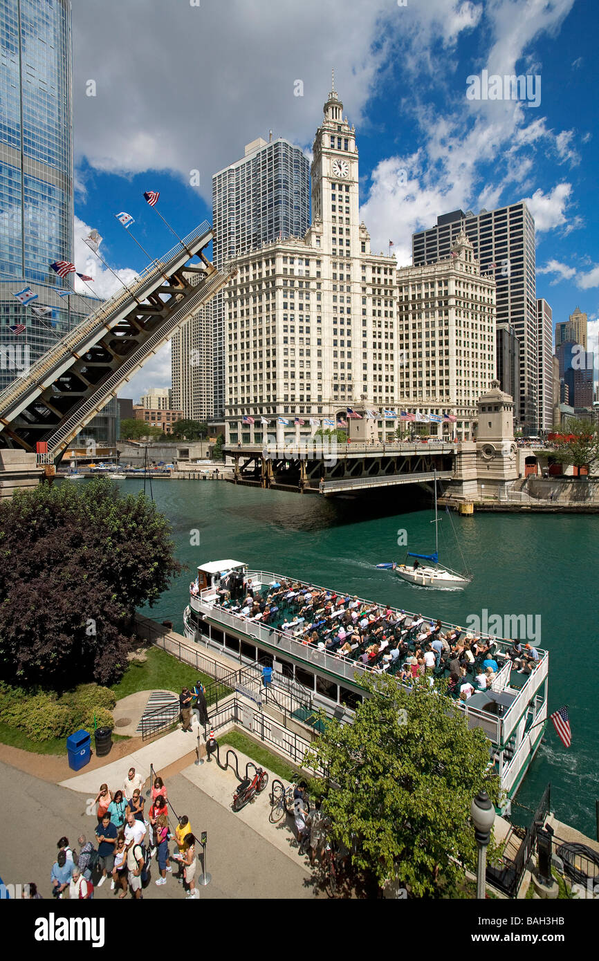 United States, Illinois, Chicago, Chicago River and raised lift bridge ...
