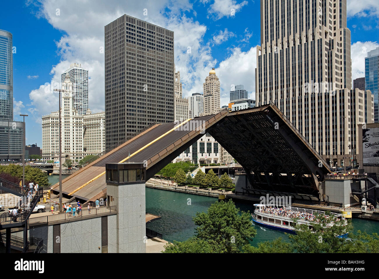 United States, Illinois, Chicago, Chicago River and raised lift bridge ...