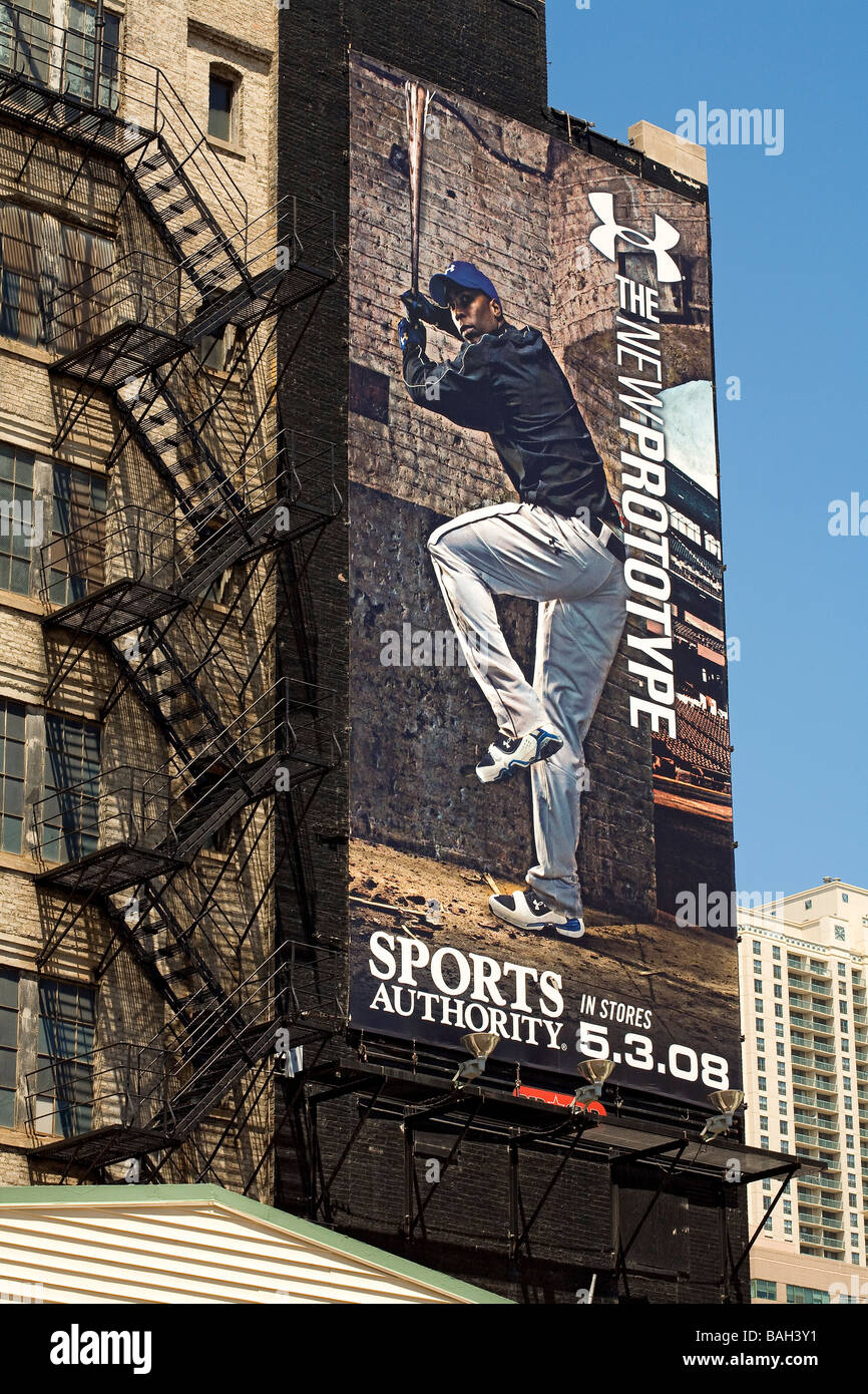 United States, Illinois, Chicago, ad with base ball player and exterior ...