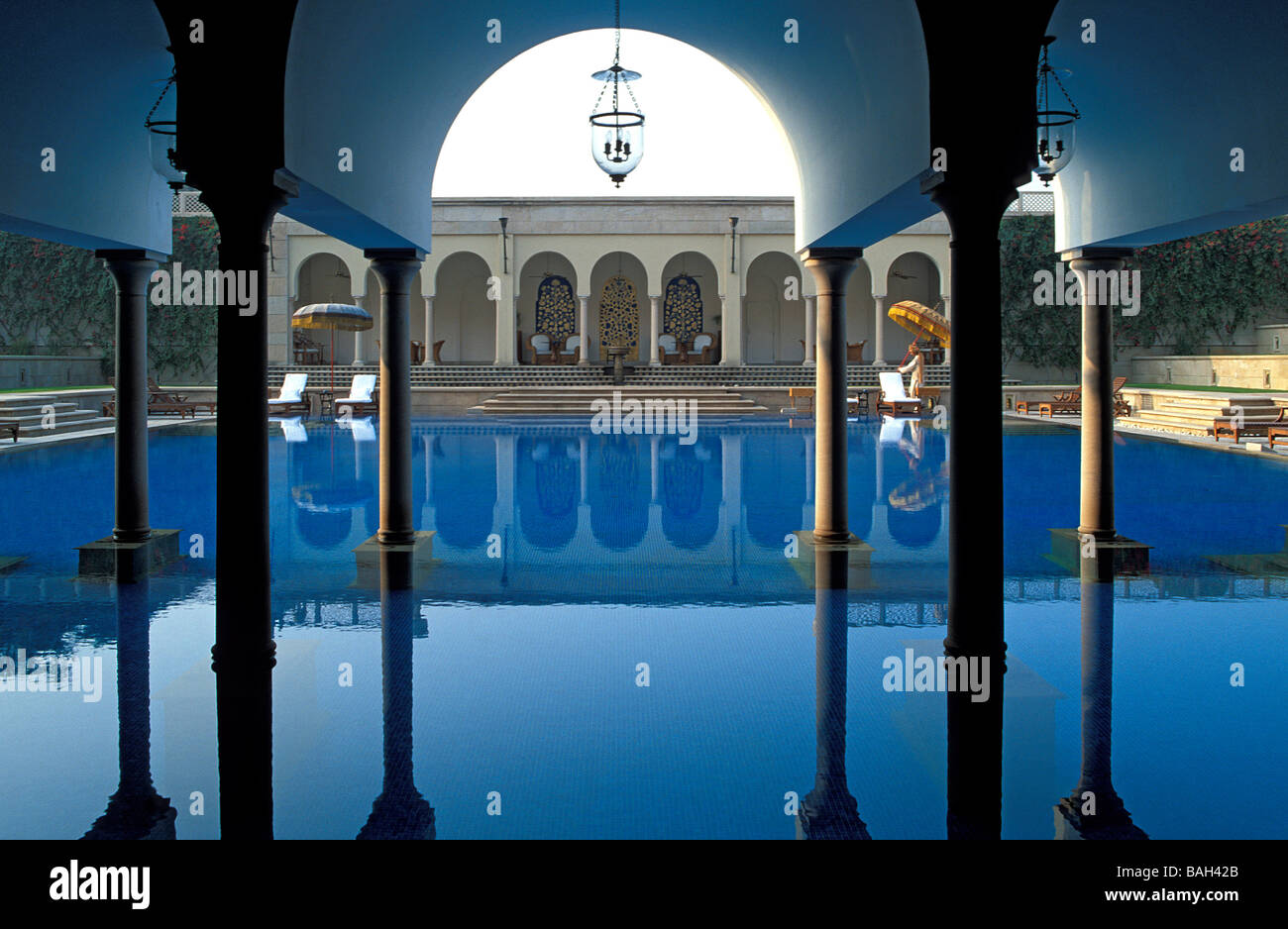 India, Uttar Pradesh State, Agra,the swimming pool of luxurious hotel ...