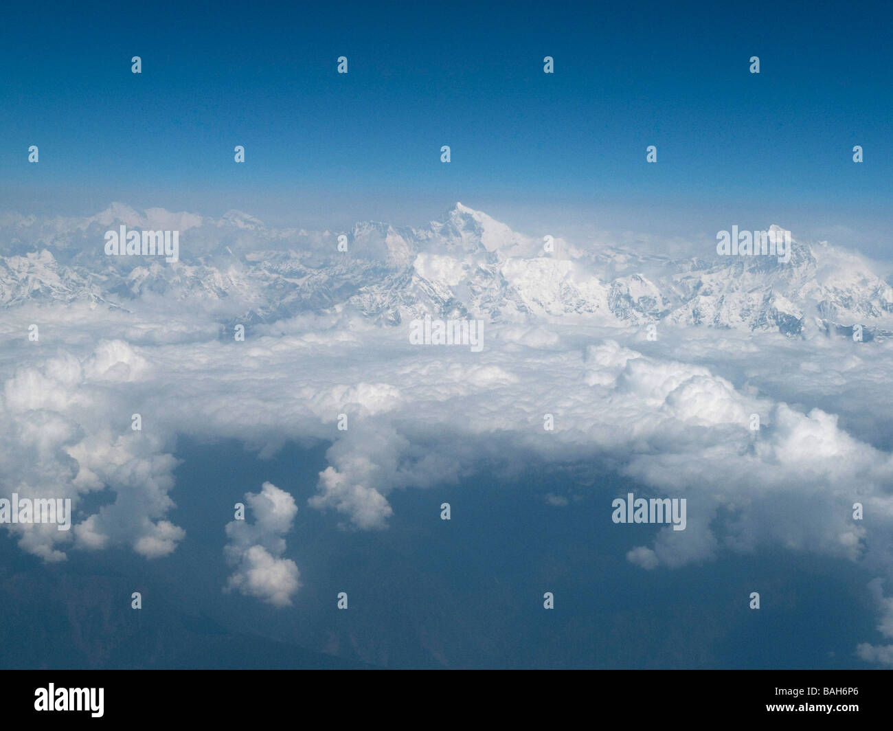 Mount Everest summit aerial view taken from aircraft Nepalese Himalayas ...