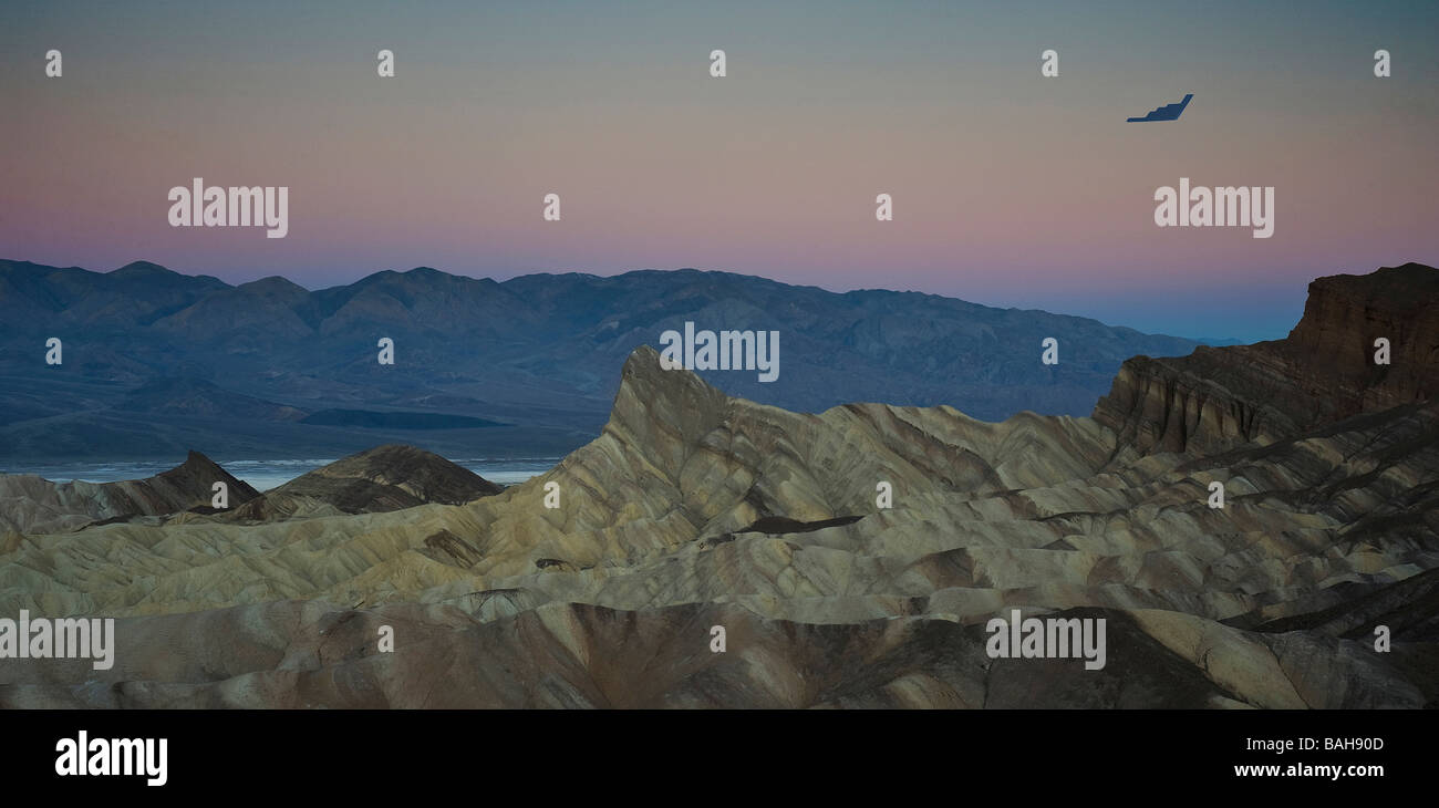 B111 Stealth bomber in sky above Zabriske Point just after sunrise ...