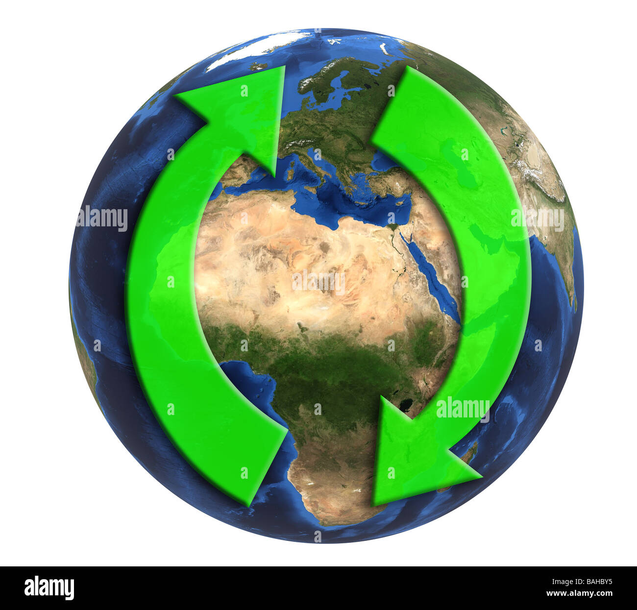 Rendered Earth image (map courtesy of NASA) with green cycle/recycle ...