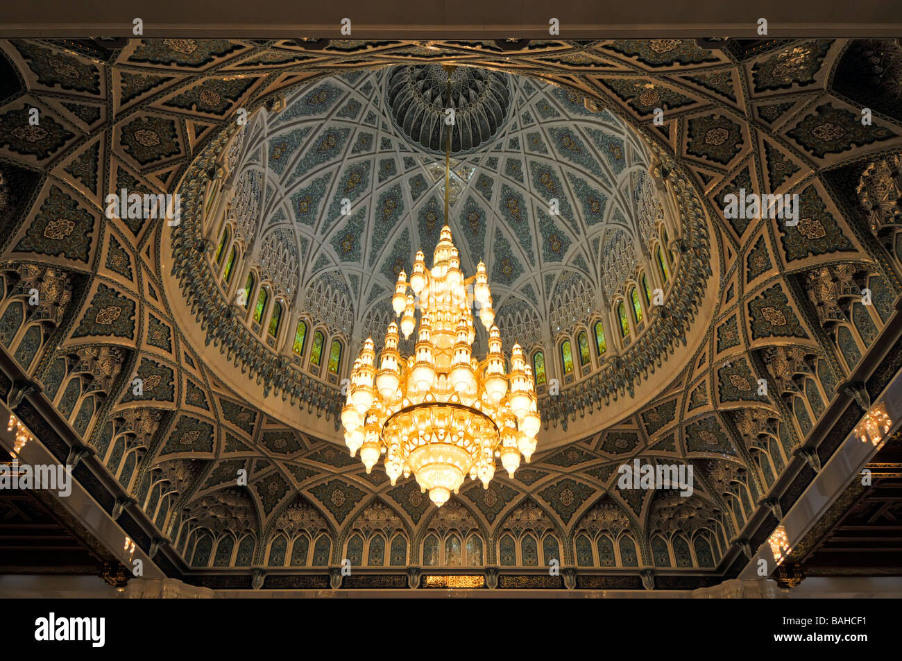 Muscat Oman Grand Mosque interior the Prayer Hall with large chandelier ...