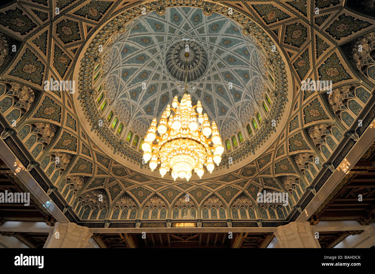 Muscat Oman Grand Mosque interior the Prayer Hall with large chandelier ...