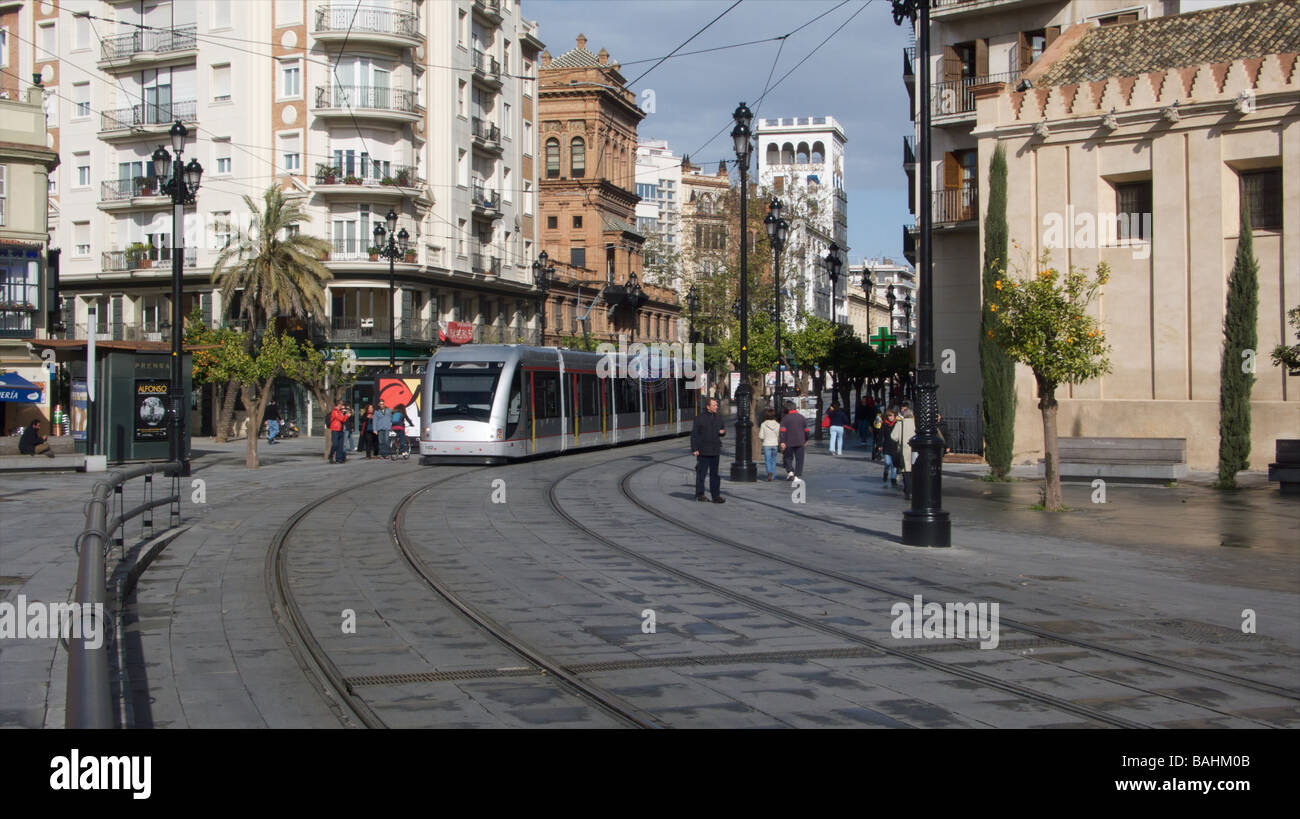 Seville tram system in the centre of the City Stock Photo - Alamy