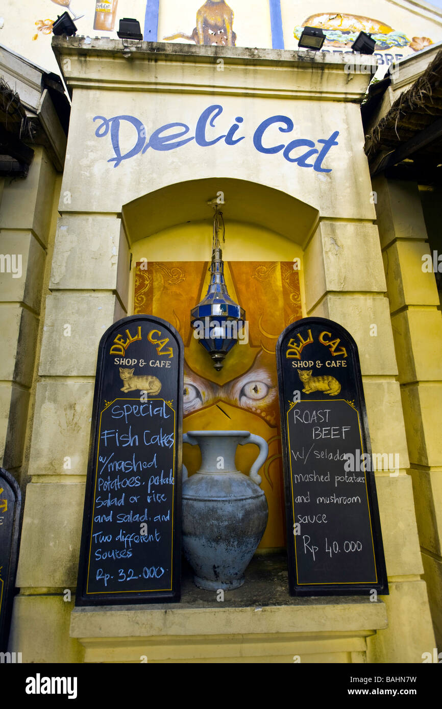 Indonesia, Bali. Ubud. Deli Cat cat-themed restaurant menu signboard ...
