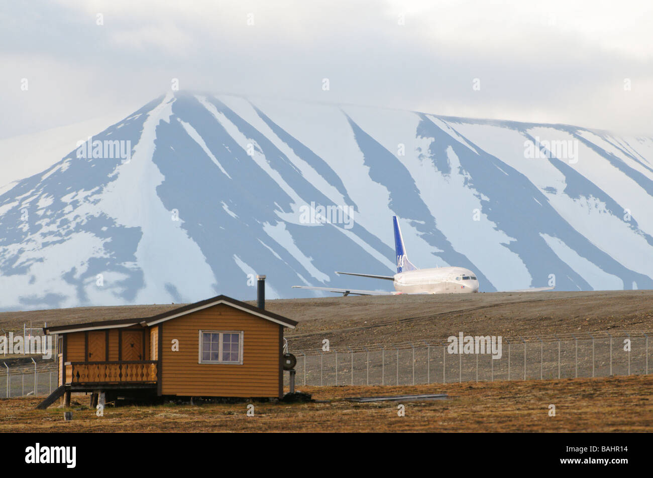 Commercial airplane taking off at the Longyearbyen airport Svalbard ...