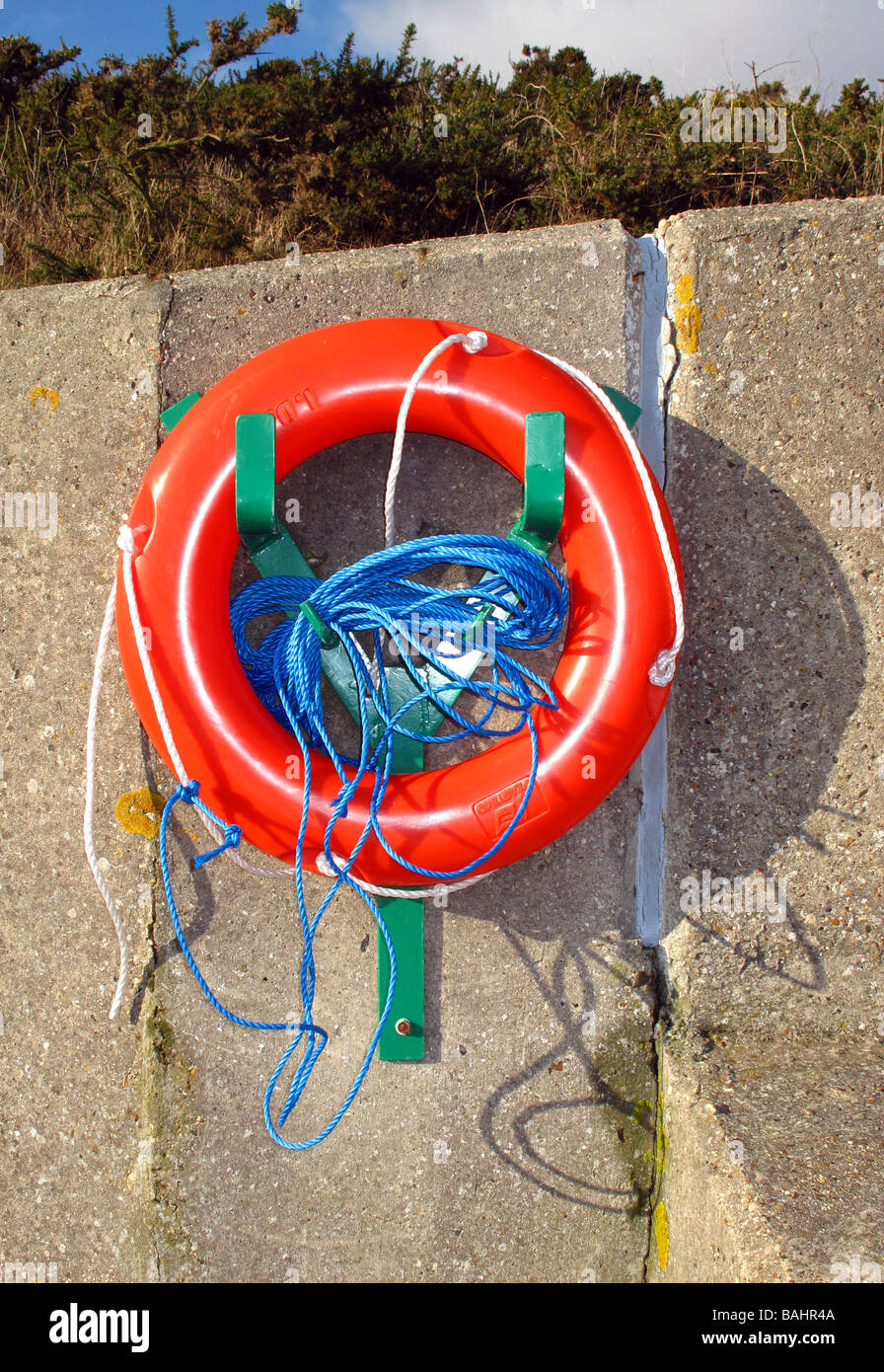 Wall-mounted life buoy emergency flotation device with attached ropes ...