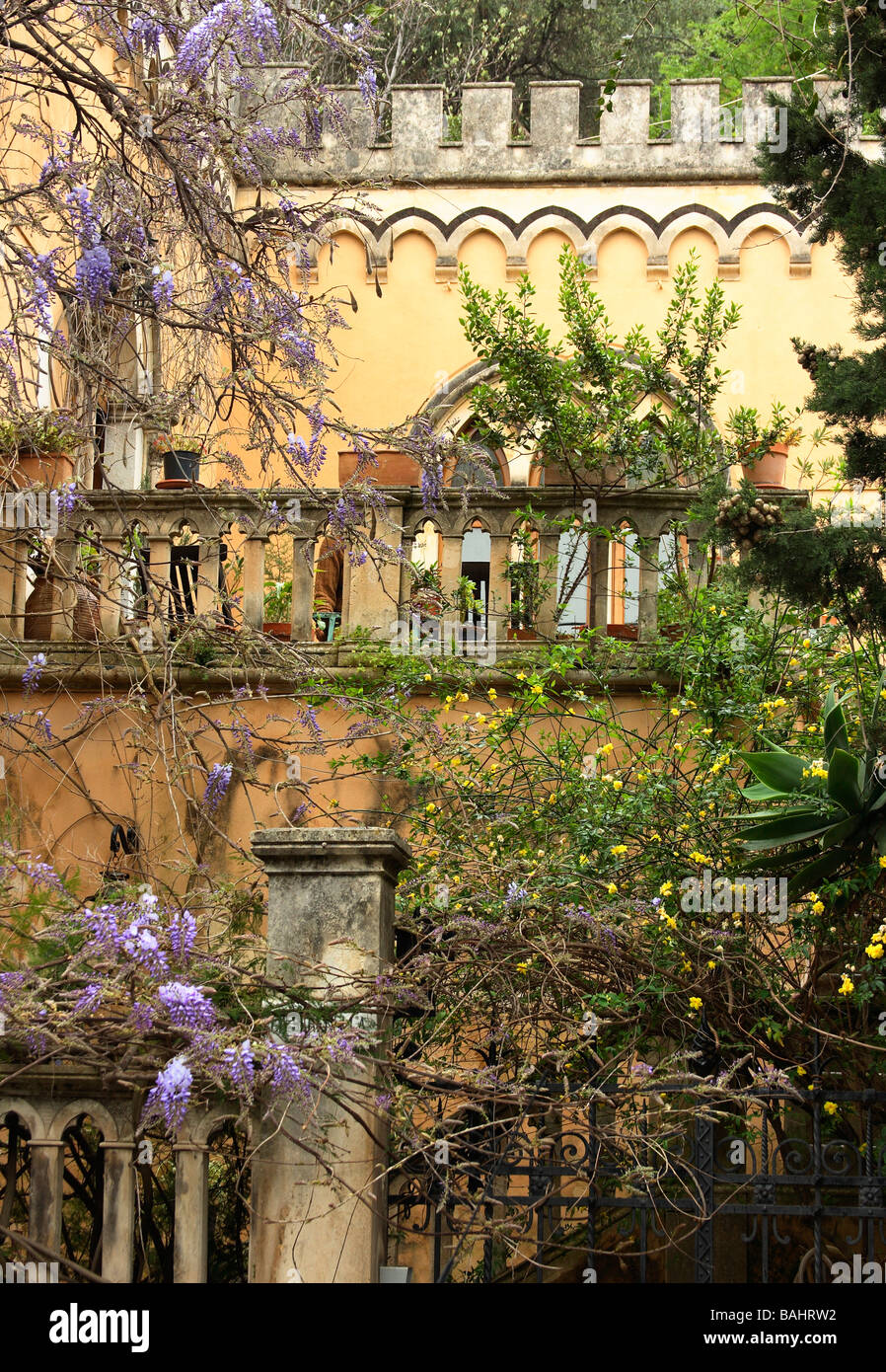 traditional house at taormina at spring with purple colour flower Stock ...
