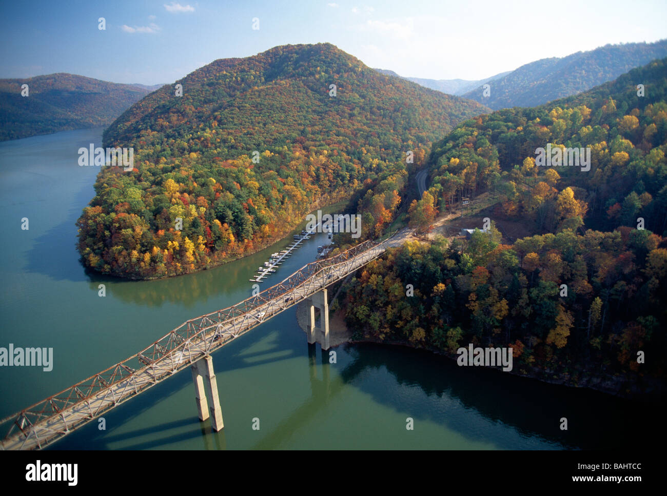 Aerial view of fall foliage and Bluestone River near Pipestem Resort ...