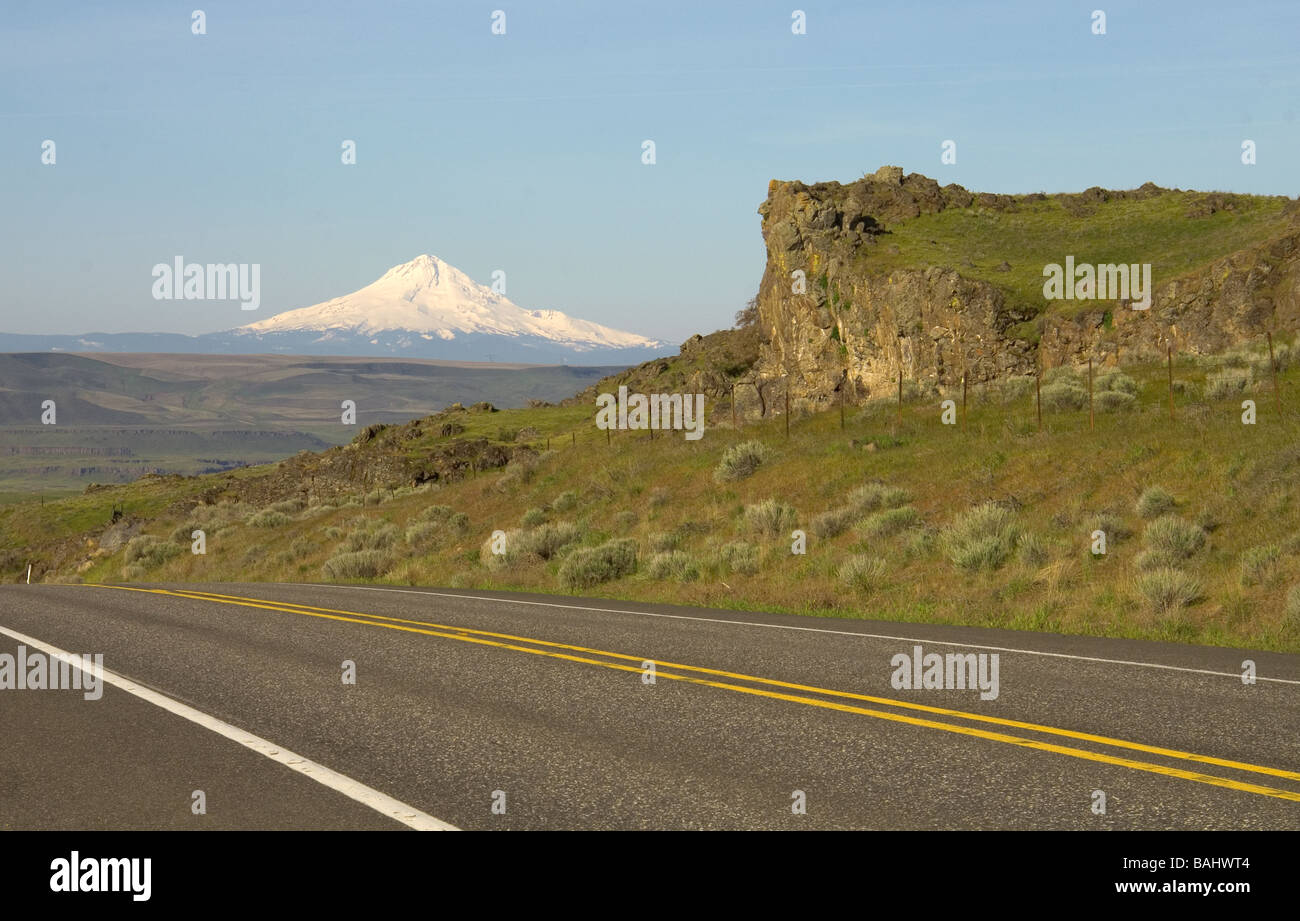 The Columbia Gorge and highway 14 with butte and Mount Hood Stock Photo ...